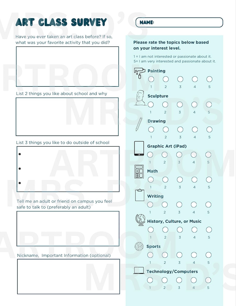 Art Class Student Survey Back to School - Etsy