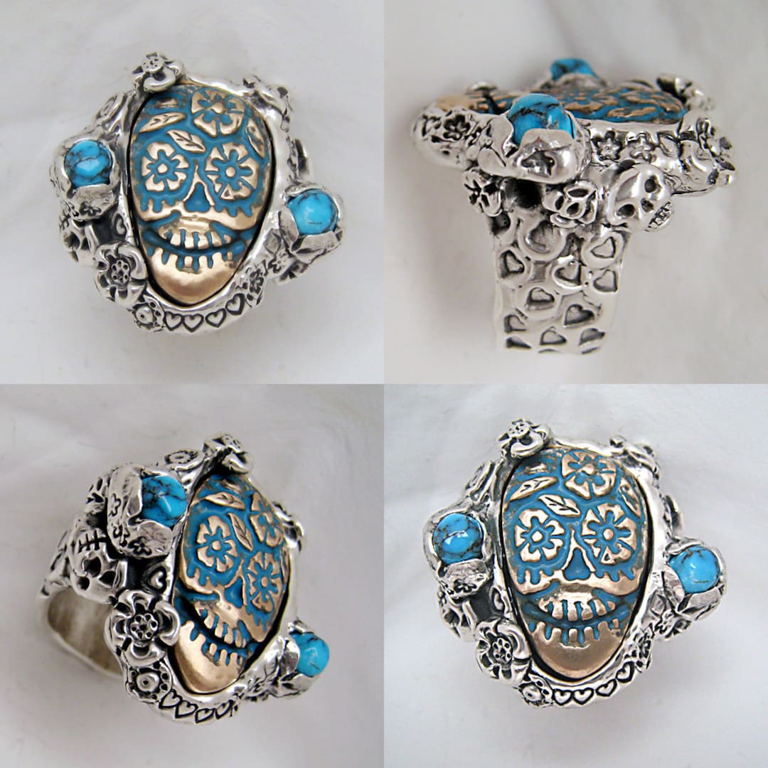 Turquoise Sugar Skull Ring of Bronze and Solid Sterling Silver Day of ...