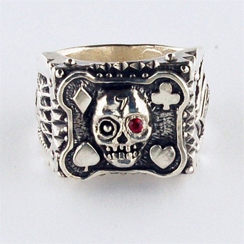 Poker Face Ruby Eye Custom Skull Ring - Etsy