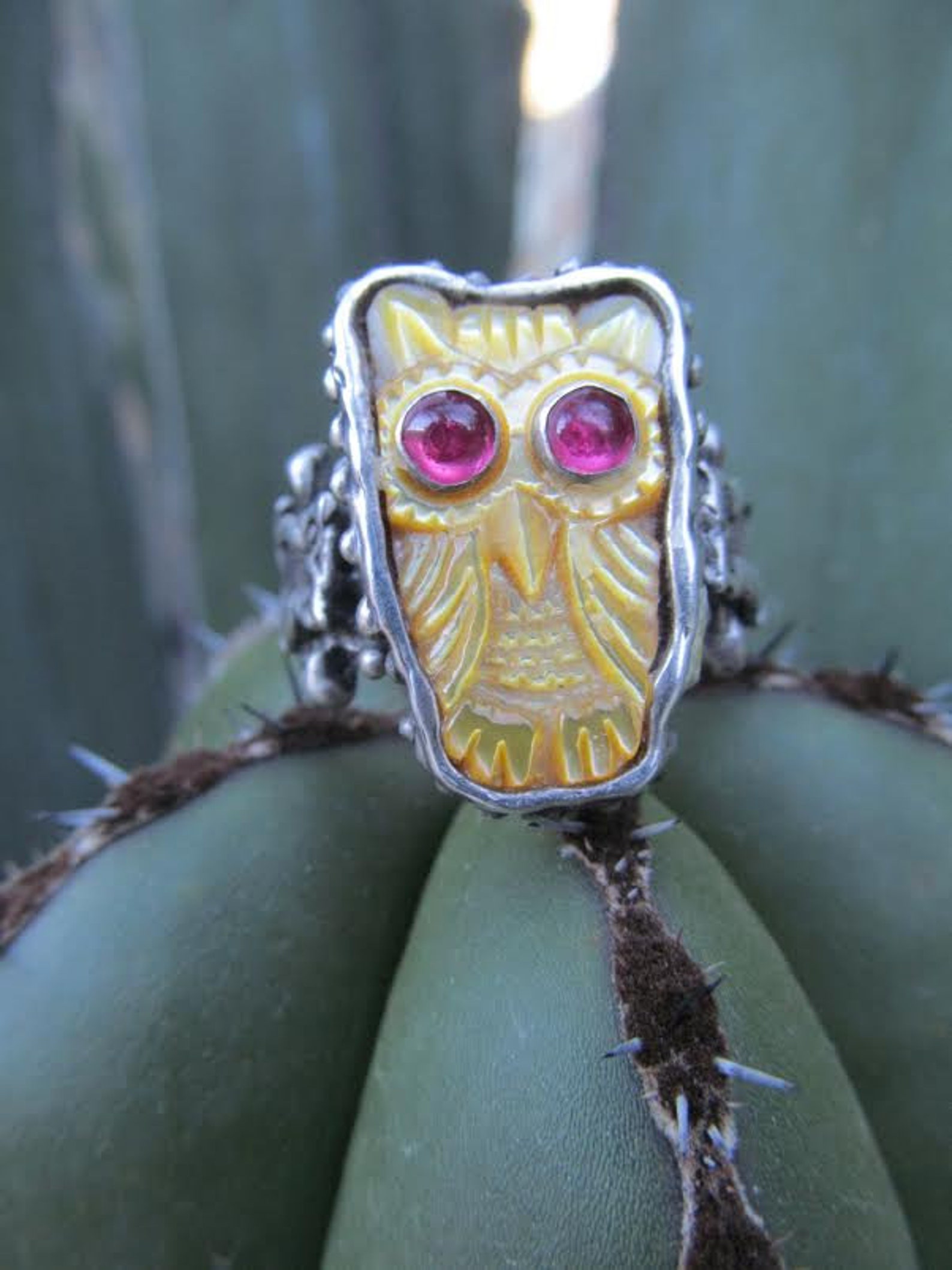 Owl Ruby Eyes Carved Golden Lip Mother of Pearl Owl and Ruby Cab Stones ...