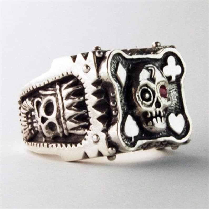 Poker Face Ruby Eye Custom Skull Ring - Etsy