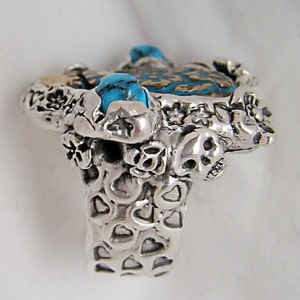 Turquoise Sugar Skull Ring of Bronze and Solid Sterling Silver Day of ...