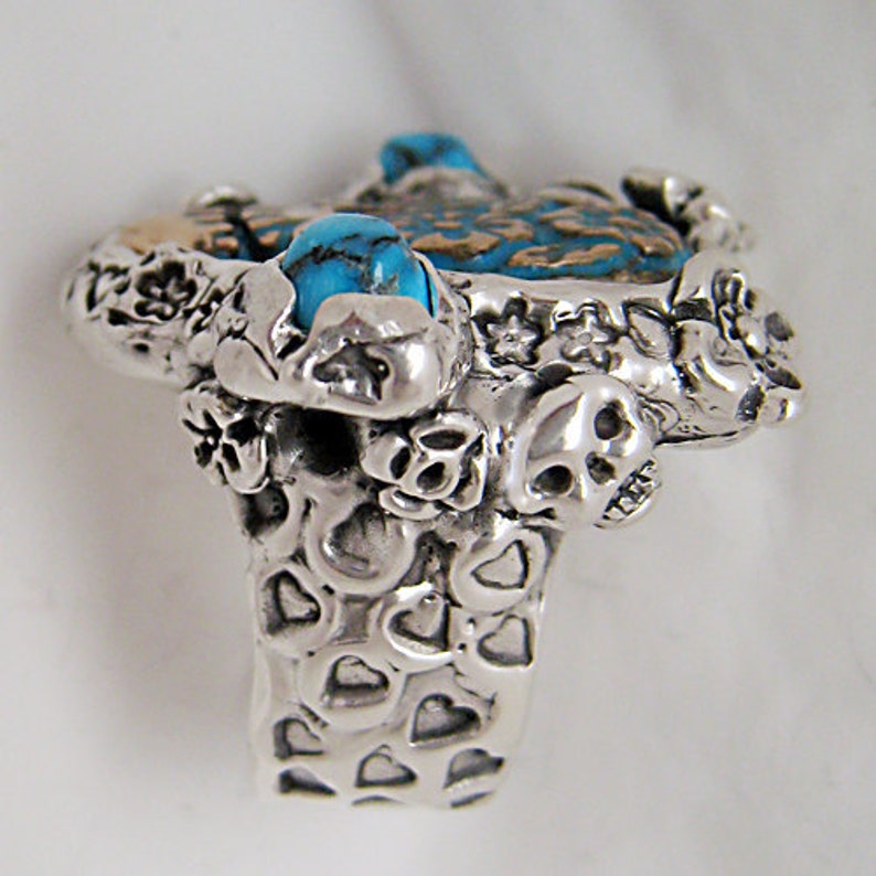 Turquoise Sugar Skull Ring of Bronze and Solid Sterling Silver Day of ...