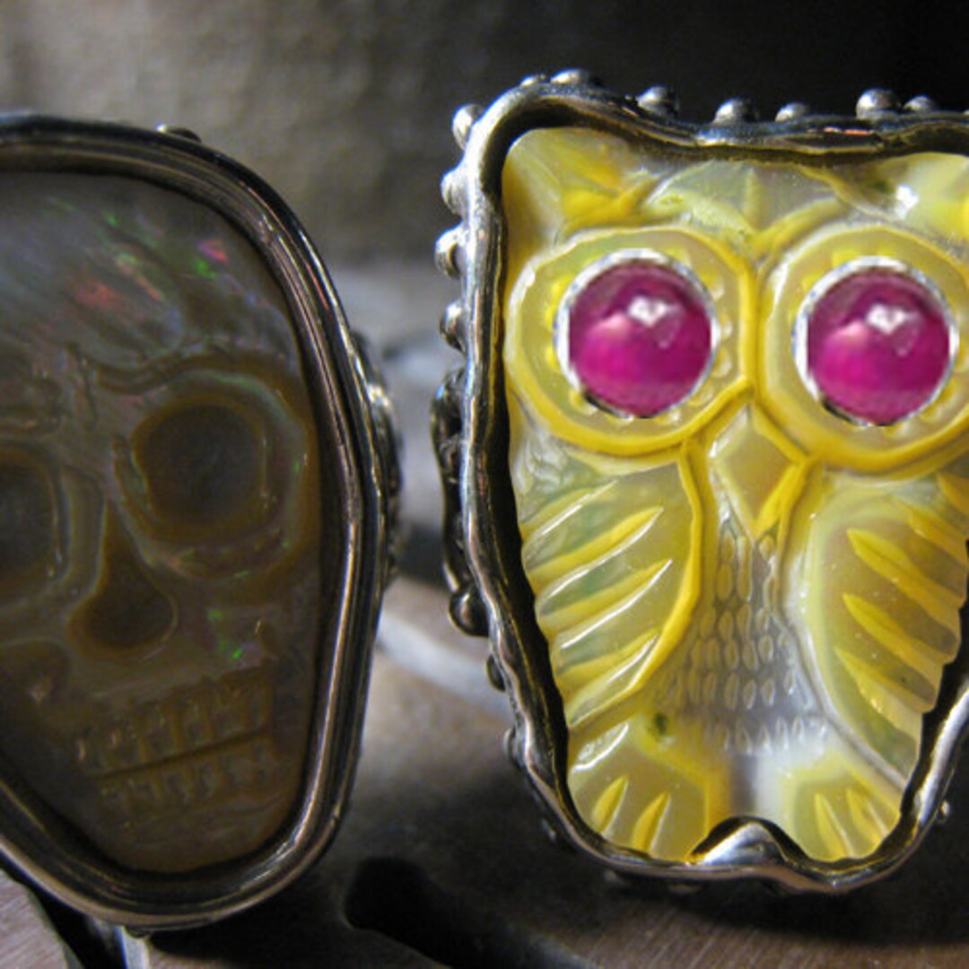 Owl Ruby Eyes Carved Golden Lip Mother of Pearl Owl and Ruby Cab Stones ...