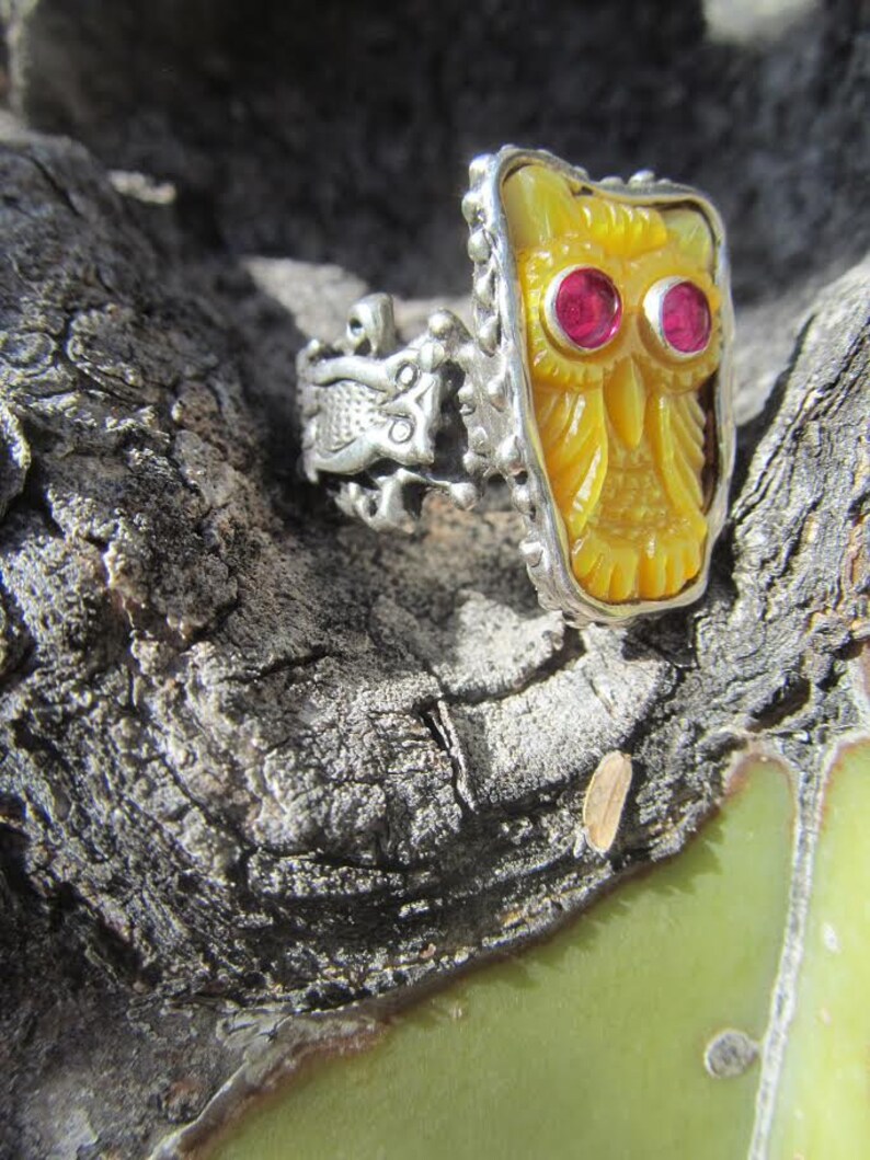 Owl Ruby Eyes Carved Golden Lip Mother of Pearl Owl and Ruby Cab Stones ...