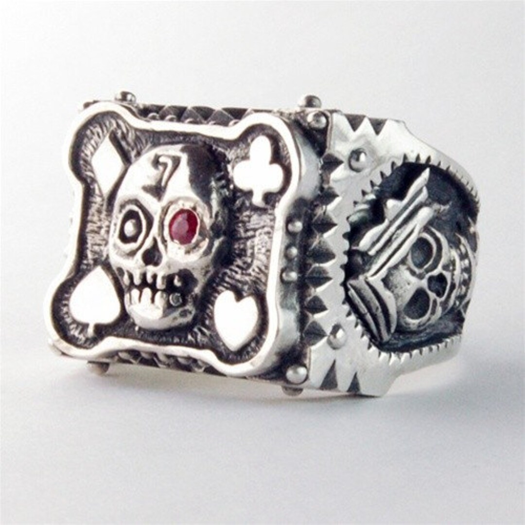 Poker Face Ruby Eye Custom Skull Ring - Etsy