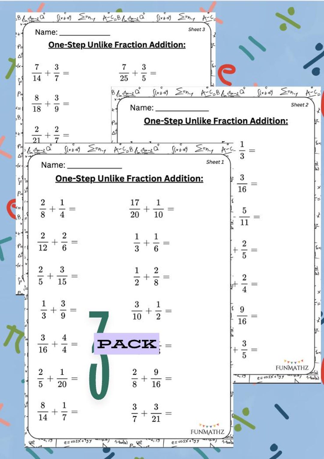 3 Pack - Unlike Fraction Addition Worksheets - One Step Simple - Etsy