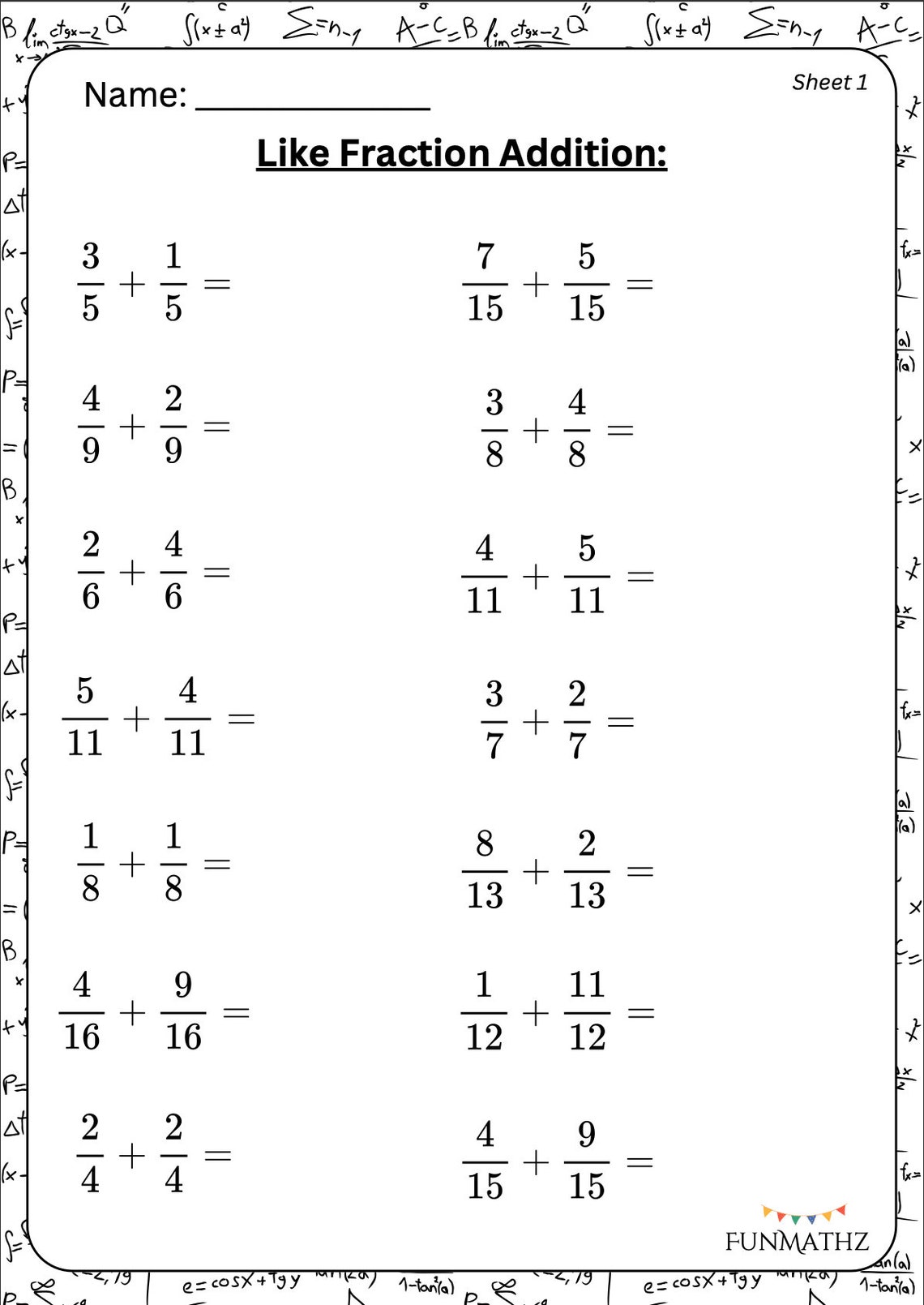 7 Pack - Like Fractions Addition Worksheets - Printable - Etsy