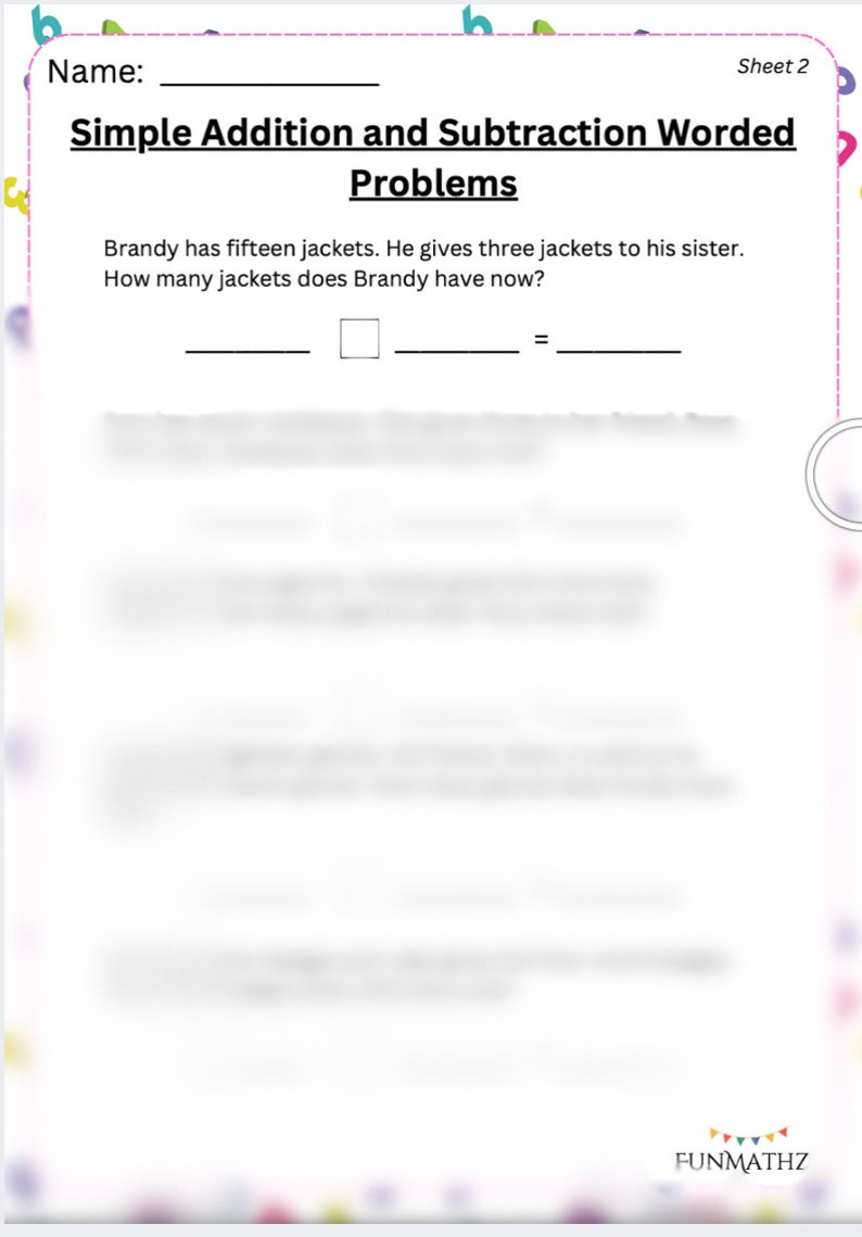 5 Pack Simple Addition and Subtraction Worded Problems + Answers - Etsy