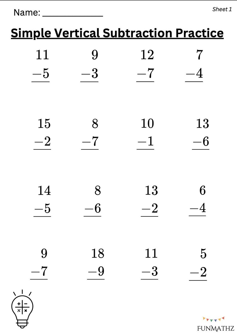 3 Pack - Simple Vertical Subtraction Practice - Etsy