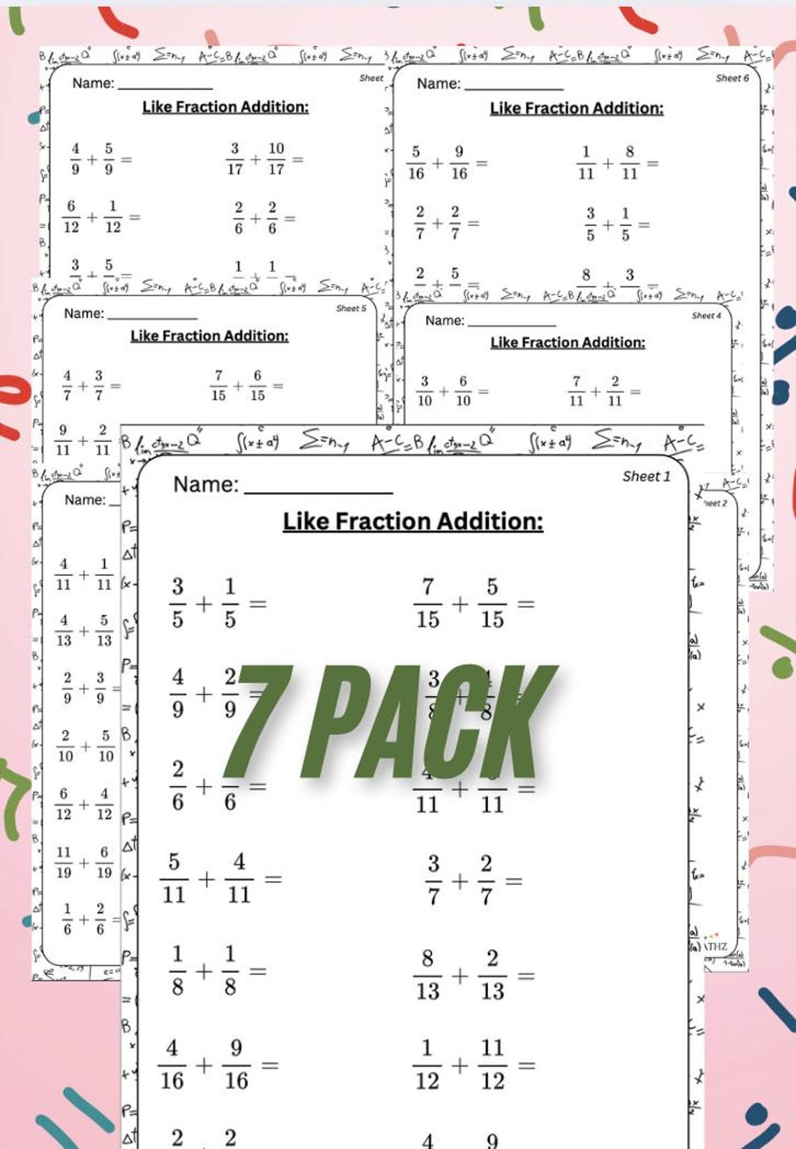 7 Pack - Like Fractions Addition Worksheets - Printable - Etsy