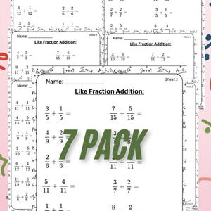 7 Pack - Like Fractions Addition Worksheets - Printable - Etsy