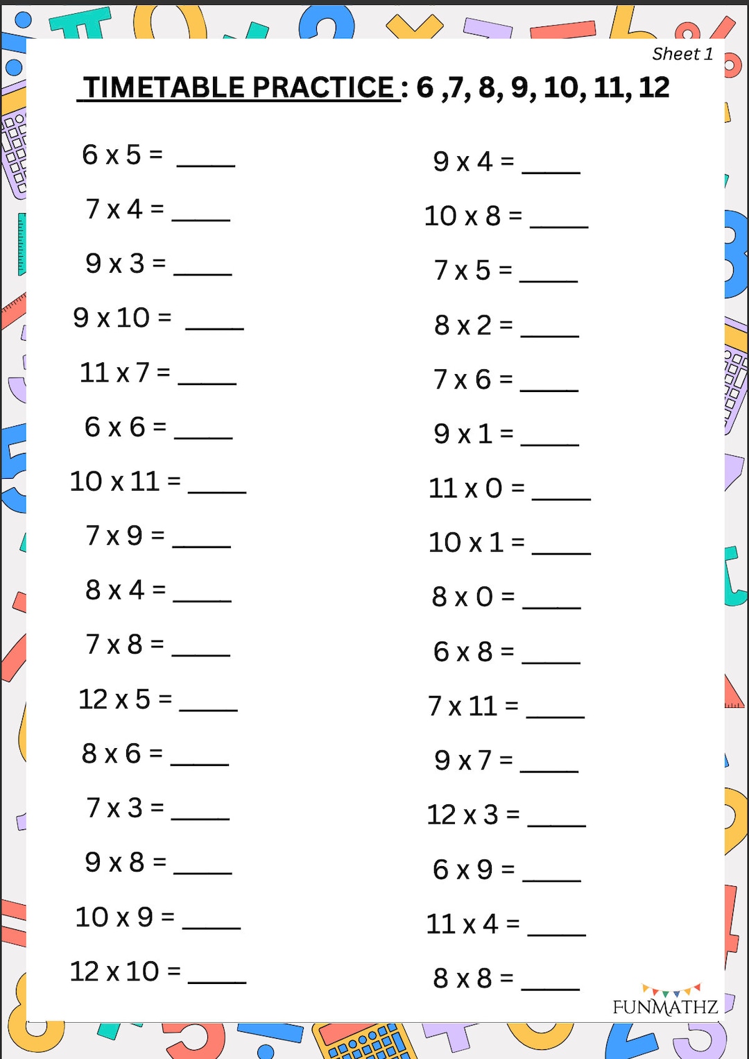 3 Pack Multiplication Timetables Worksheet Numbers 6 12 - Etsy
