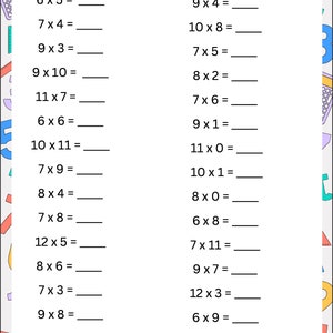 3 Pack Multiplication Timetables Worksheet - Numbers 6 - 12 - Etsy