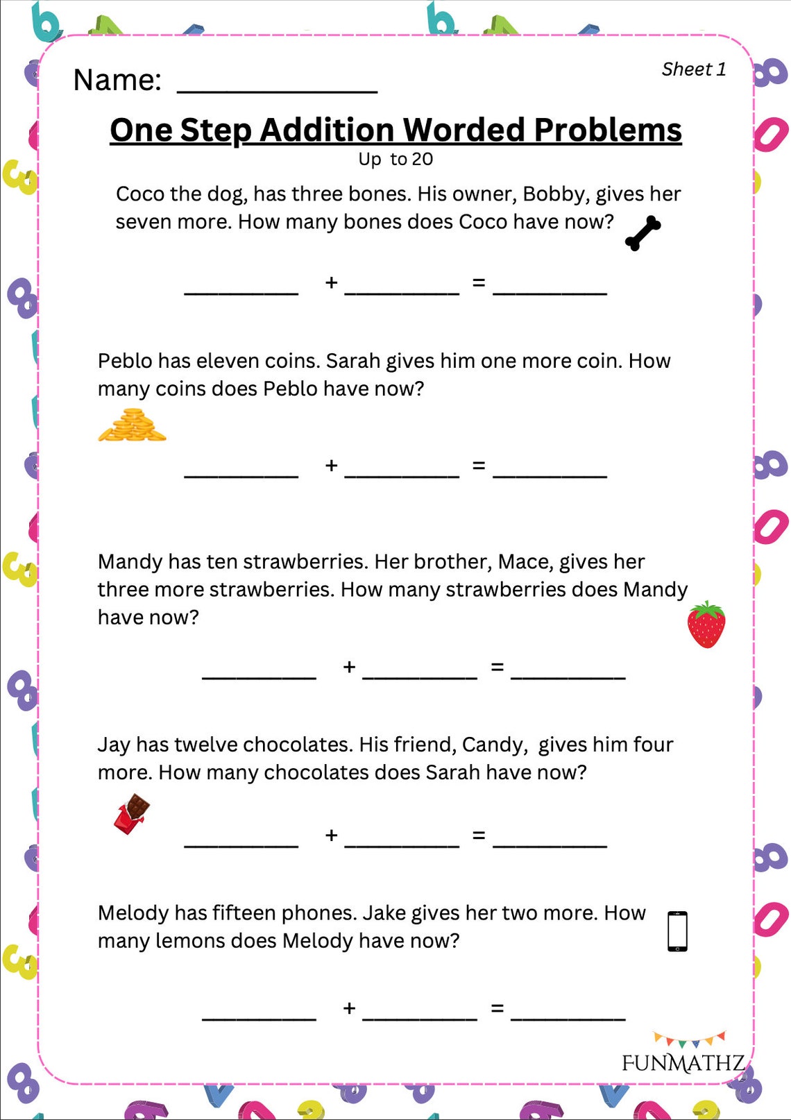 3 Pack Printable Simple Addition Worded Problems - up to 20 - Etsy