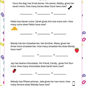 3 Pack Printable Simple Addition Worded Problems - up to 20 - Etsy