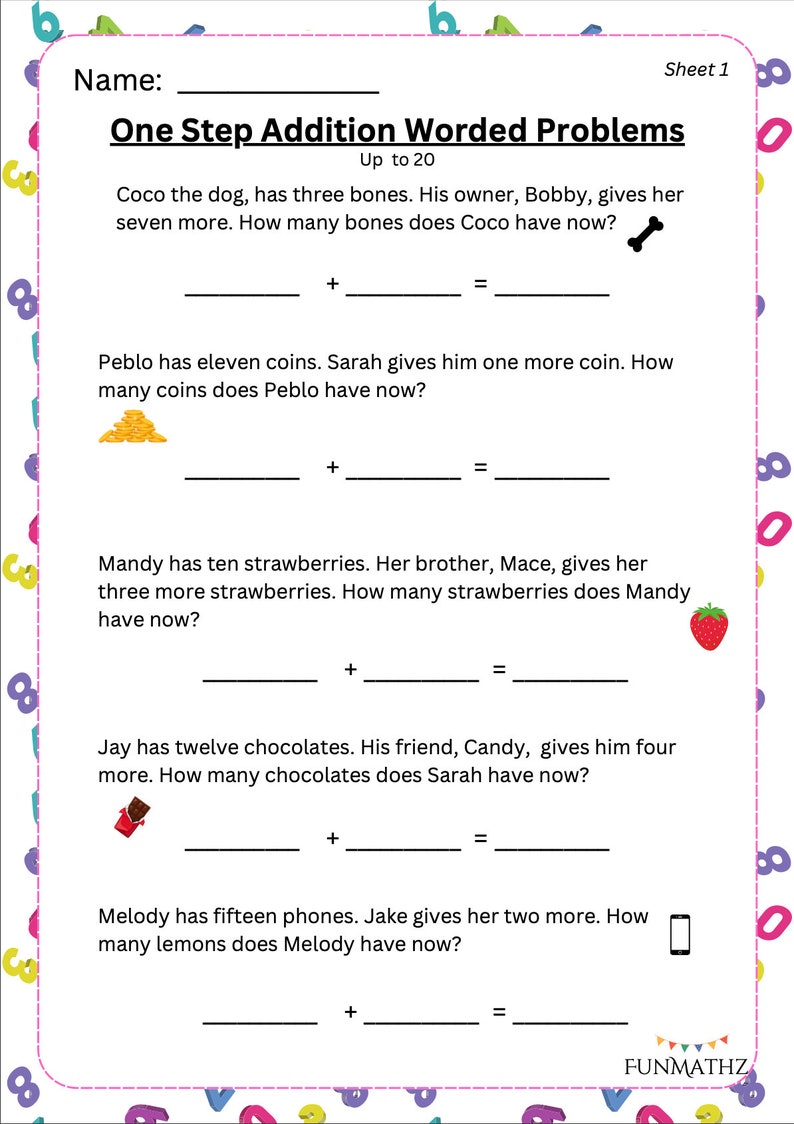 3 Pack Printable Simple Addition Worded Problems - up to 20 - Etsy