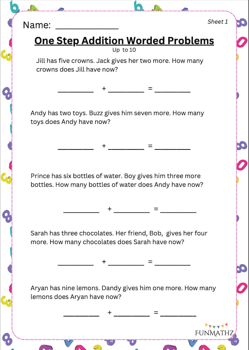 Printable 3 Pack Simple Addition Worded Problems up to 10 - Etsy