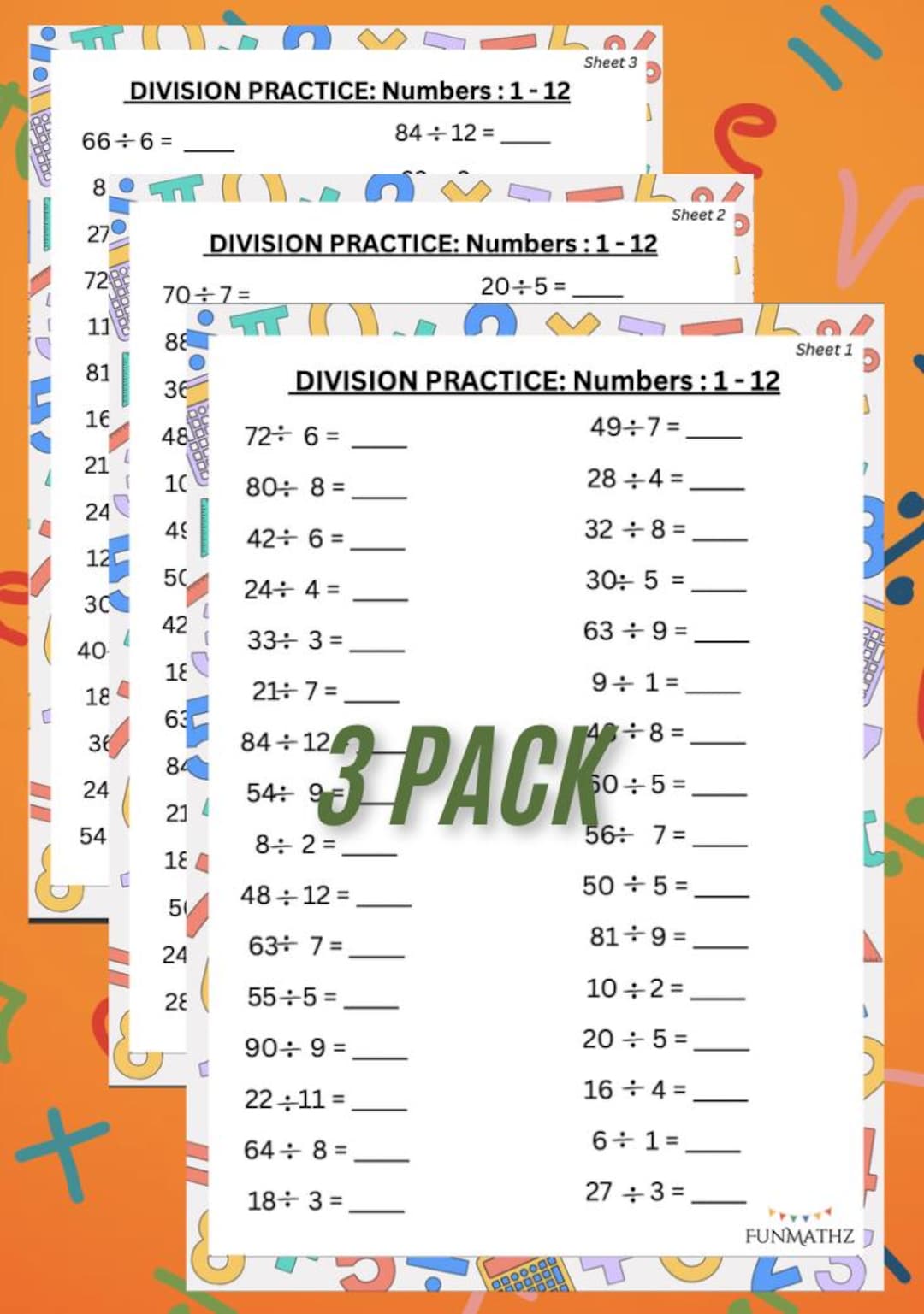 3 Pack Division - Numbers 1 - 12 Practice - Etsy