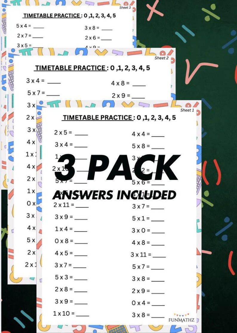 3 Pack - Multiplication Timetable Worksheets - Numbers 0 to 5 - Etsy