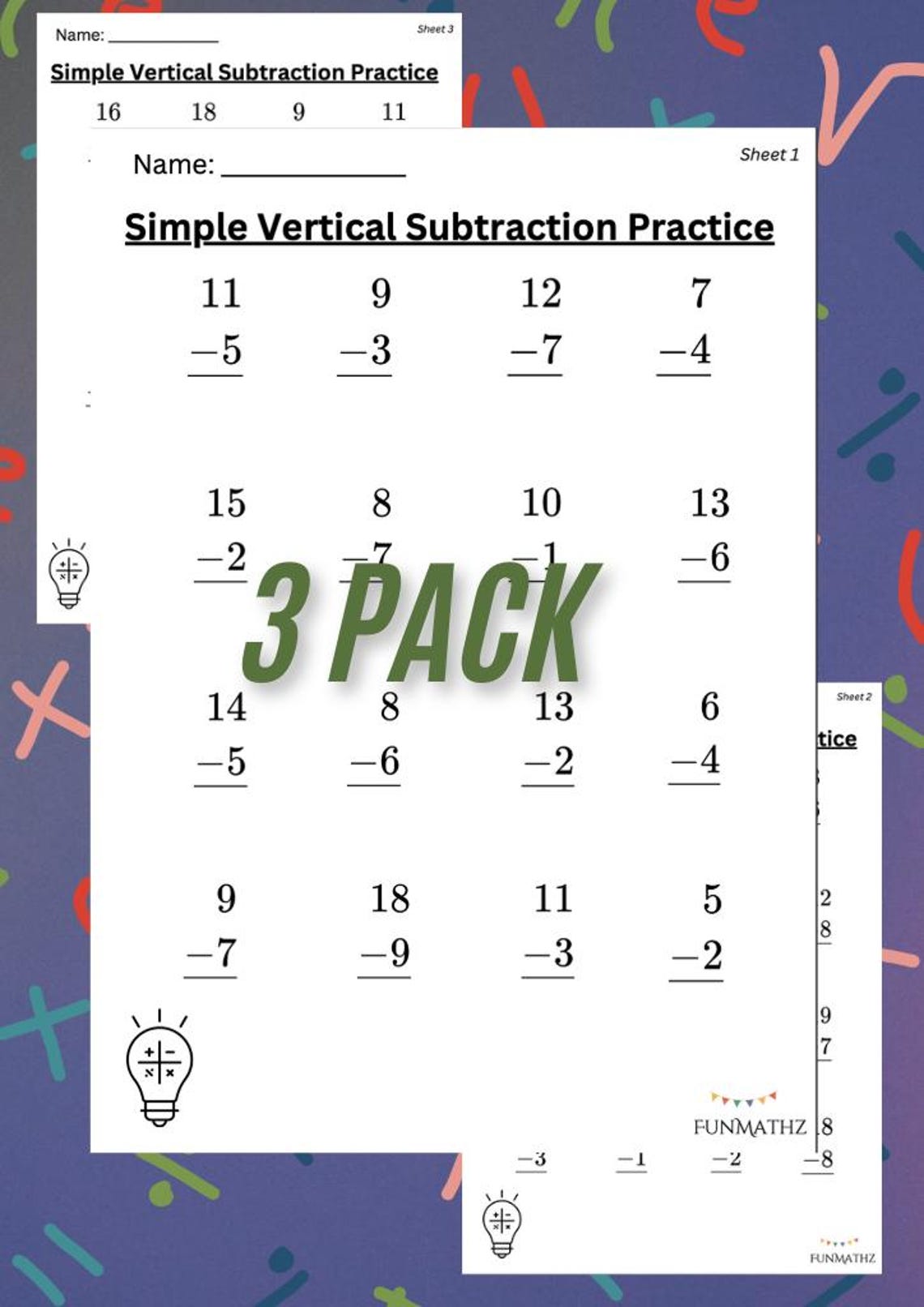 3 Pack - Simple Vertical Subtraction Practice - Etsy