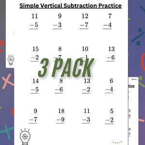 3 Pack - Simple Vertical Subtraction Practice - Etsy