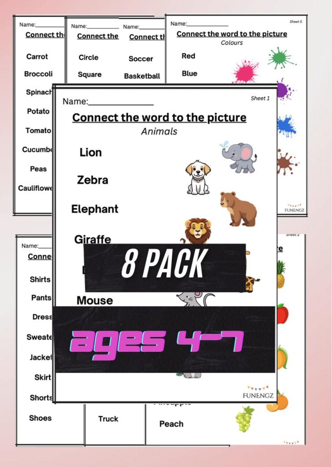 8 Pack - English WS - Connect the Word to the Picture - Etsy