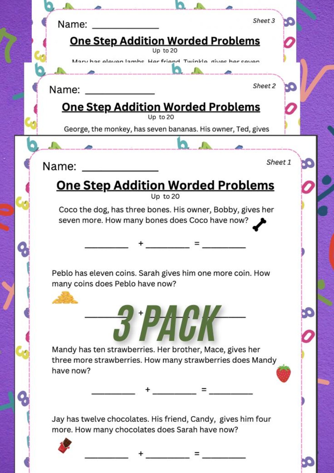3 Pack Printable Simple Addition Worded Problems - up to 20 - Etsy