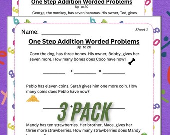 3 Pack Printable Simple Addition Worded Problems - up to 20 - Etsy