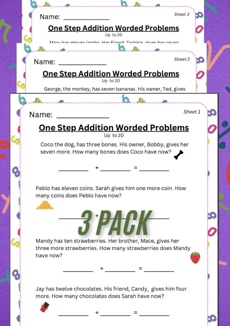 3 Pack Printable Simple Addition Worded Problems - up to 20 - Etsy