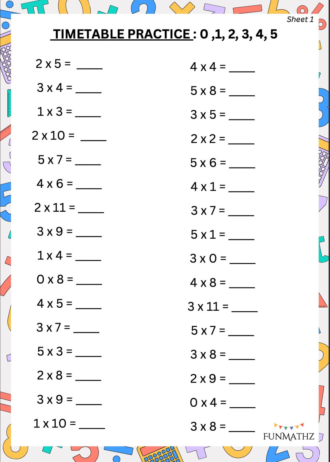 3 Pack Multiplication Timetable Worksheets Numbers 0 to 5 - Etsy