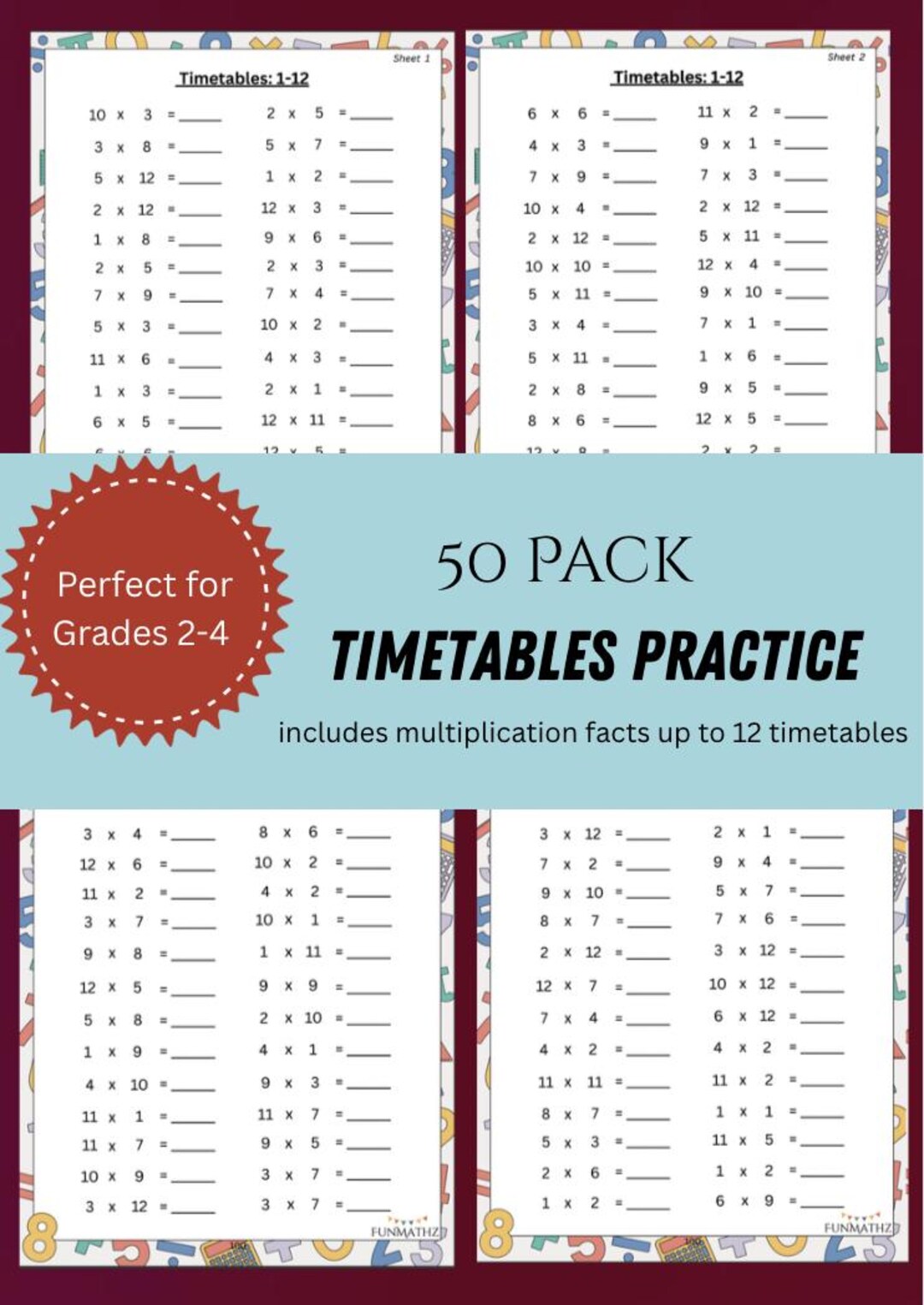 50 Pack Timetables Practice - Etsy