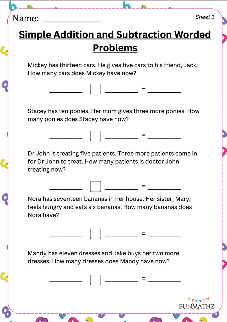 5 Pack Simple Addition and Subtraction Worded Problems + Answers - Etsy