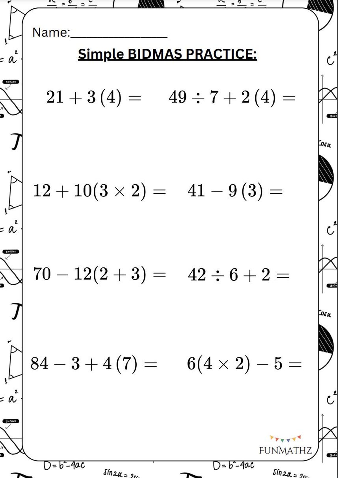 BODMAS Practice Worksheet With Answers - Etsy