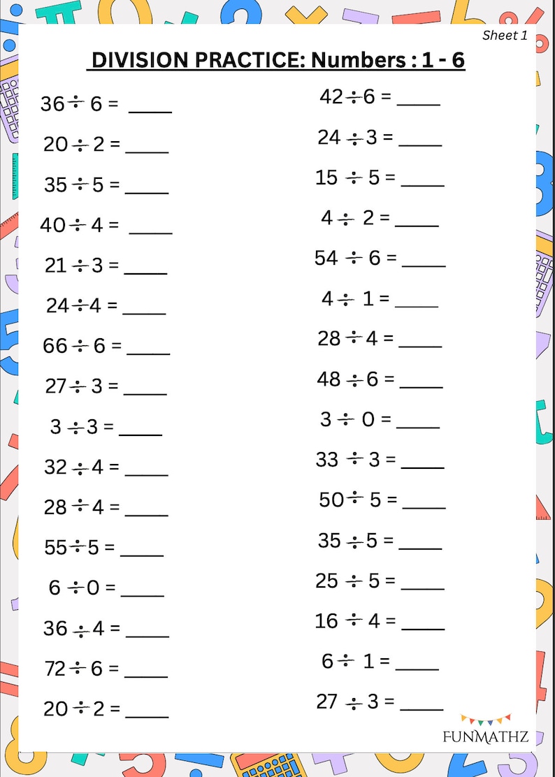 3 Pack Printable Division Practice Worksheets - Numbers 1 - 6 - Etsy