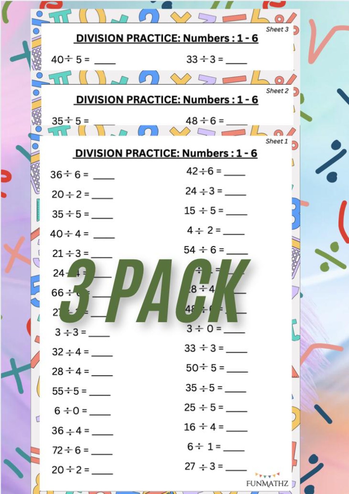 3 Pack Printable Division Practice Worksheets - Numbers 1 - 6 - Etsy