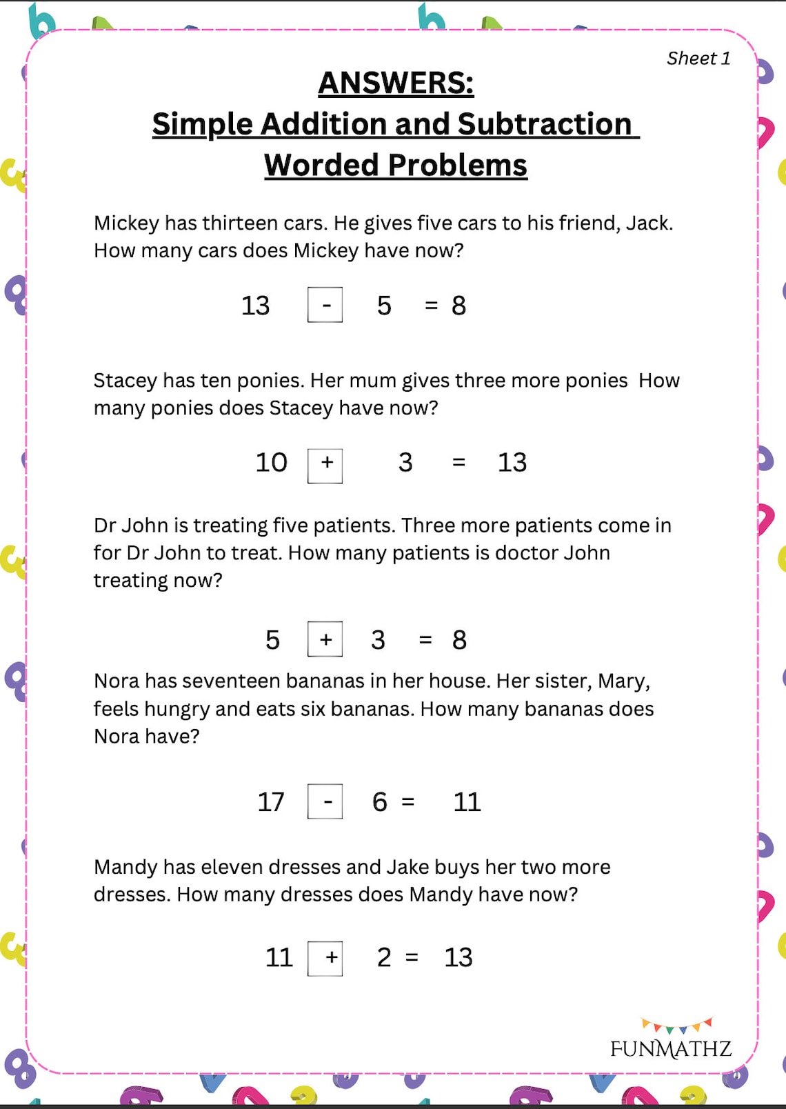 15 Pack Simple Addition and Subtraction Worded Problems + Answers - Etsy