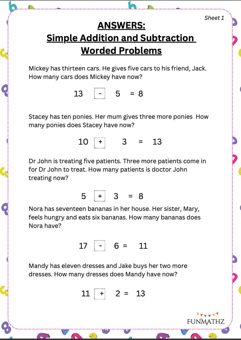 15 Pack Simple Addition and Subtraction Worded Problems + Answers - Etsy