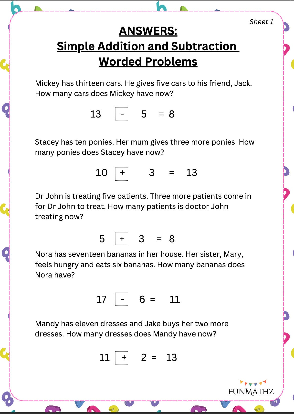5 Pack Simple Addition and Subtraction Worded Problems + Answers - Etsy
