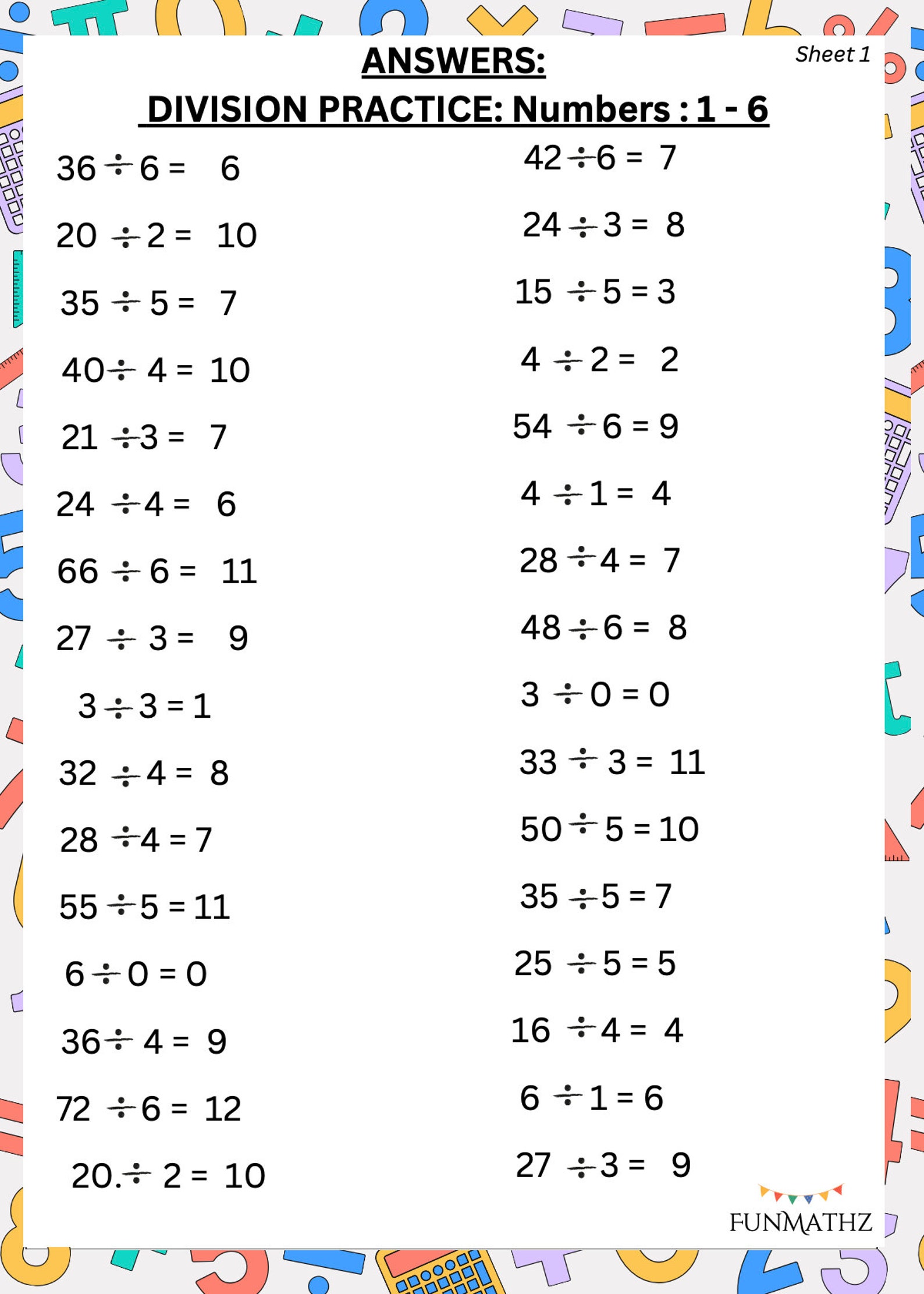 3 Pack Printable Division Practice Worksheets - Numbers 1 - 6 - Etsy