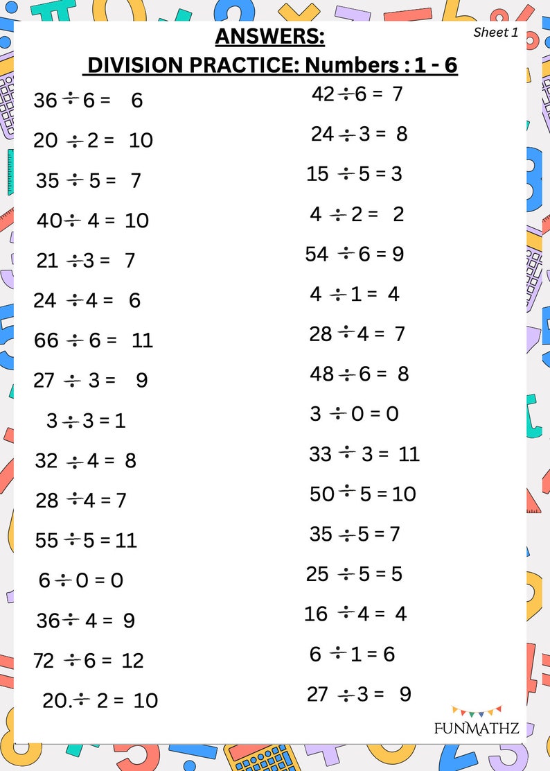 3 Pack Printable Division Practice Worksheets - Numbers 1 - 6 - Etsy