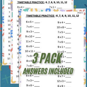 3 Pack Multiplication Timetables Worksheet - Numbers 6 - 12 - Etsy