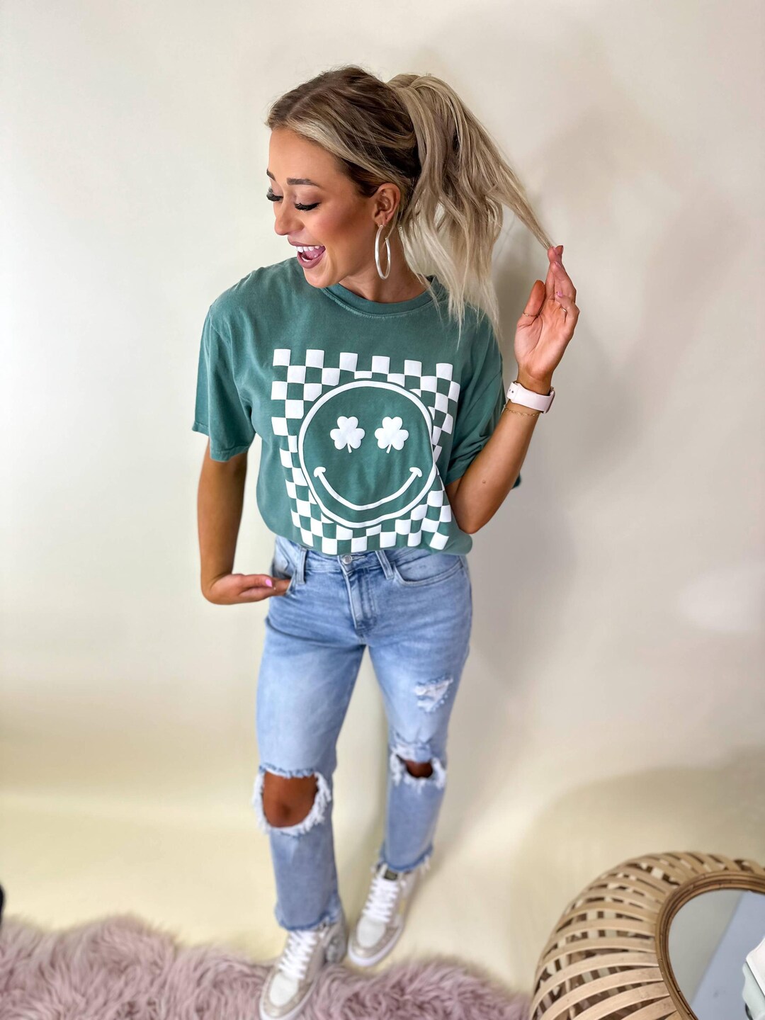Checkered Shamrock Puff Smiley Green Graphic Tee - Etsy