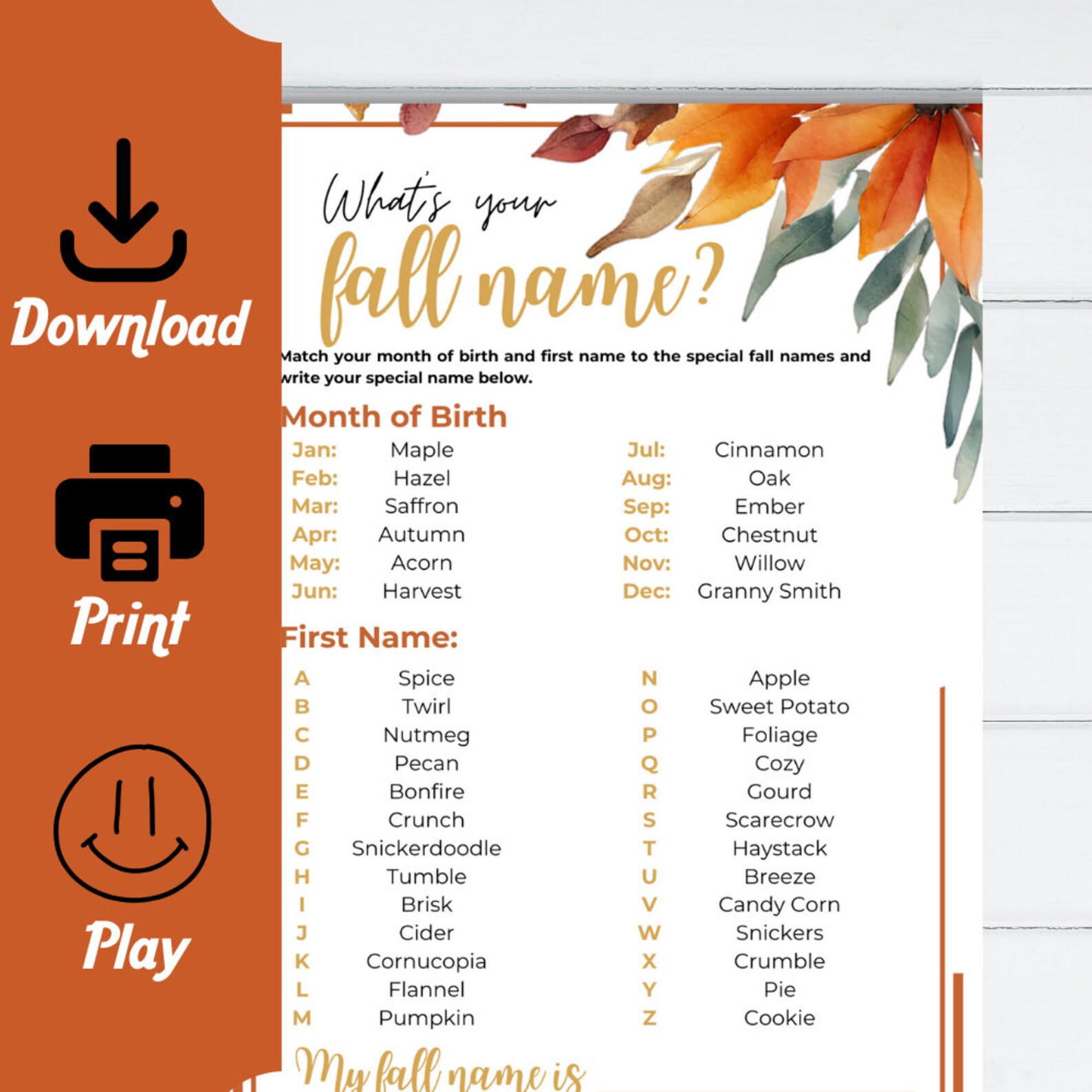 What's Your Fall Name Game Printable Funny Autumn Name Game for Adults ...
