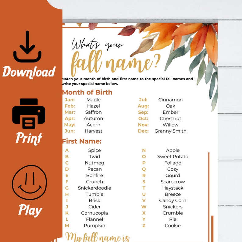 What's Your Fall Name Game Printable Funny Autumn Name Game for Adults ...