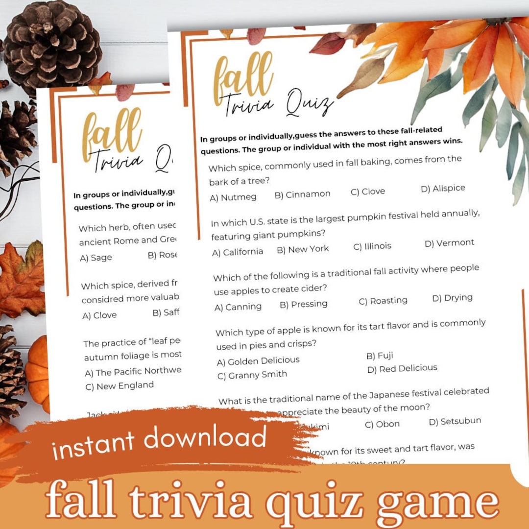 Fall Trivia Quiz Game Printable Autumn Trivia Questions With Answer Key ...