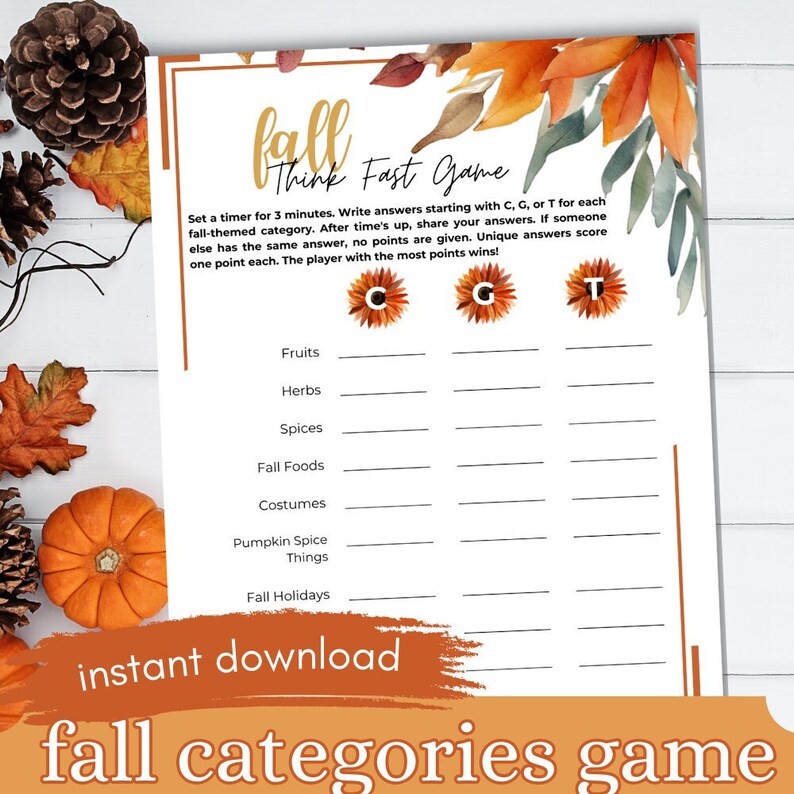 Fall Scattergories Game Printable Autumn Themed Think Fast Categories ...