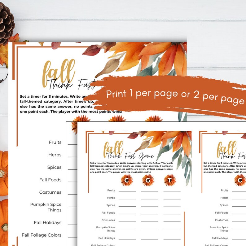 Fall Scattergories Game Printable Autumn Themed Think Fast Categories ...