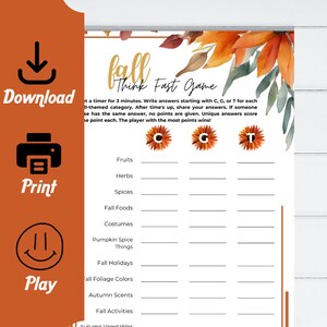 Fall Scattergories Game Printable Autumn Themed Think Fast Categories ...