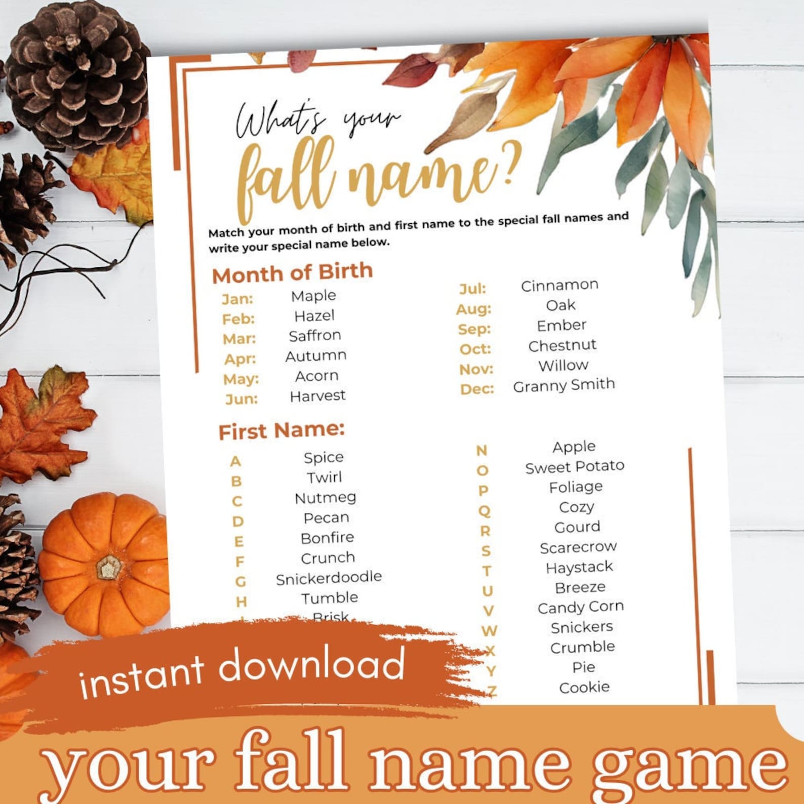 What's Your Fall Name Game Printable Funny Autumn Name Game for Adults ...